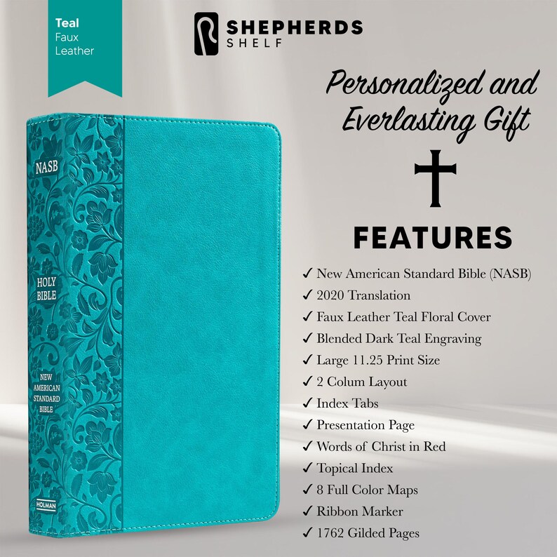 Personalized Bible NASB, Floral Pattern Teal Faux Leather Custom Texts ...