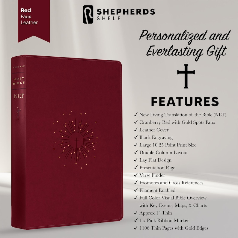Personalized Cranberry Red Faux Leather NLT Bible: Large Print ...