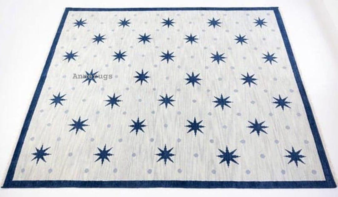 Ivory & Navy Star Pattern Area Rug – Modern Handcrafted Look With Blue ...