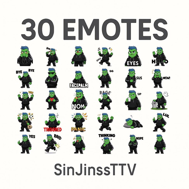 30 Twitch Emotes – Cartoon Monster in Hoodie | Streamer Emotes for ...