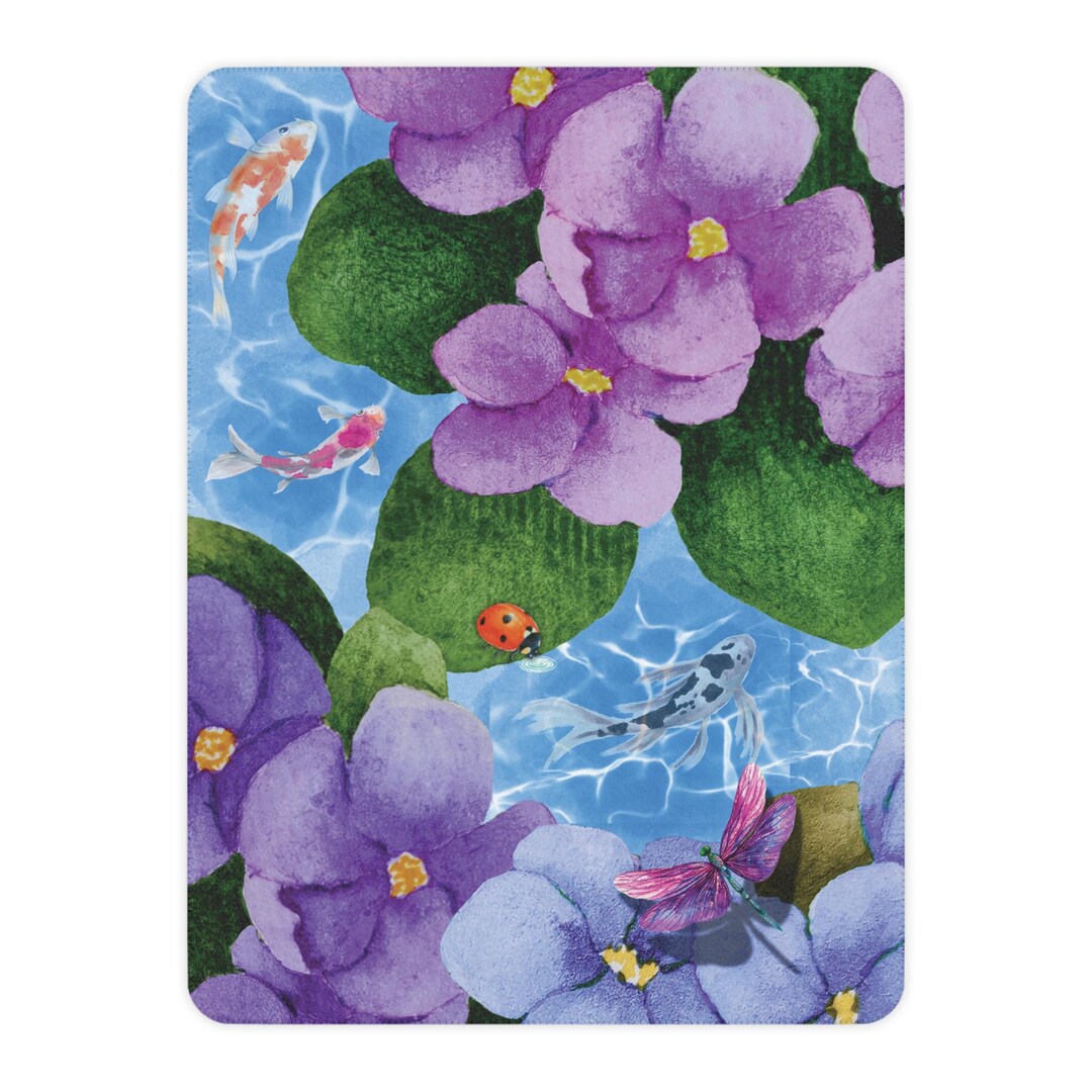 Watercolor Violet Pond Koi Ladybug Illustration Sherpa Blanket | Tan ...