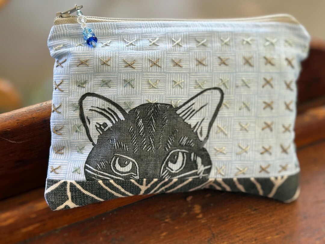 Handmade Block Print Cat Zipper Pouch, Embroidered Cotton - Etsy