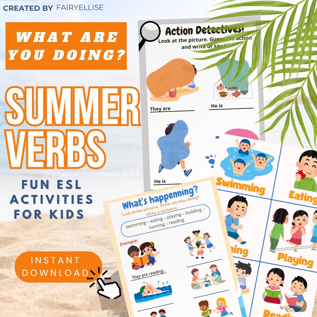 PRINTABLE ESL BUNDLE – Summer Verbs and Actions – Speaking, Matching ...