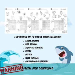 Animal Word Search With Coloring Printable for Kids, Kindergarten, ESL ...