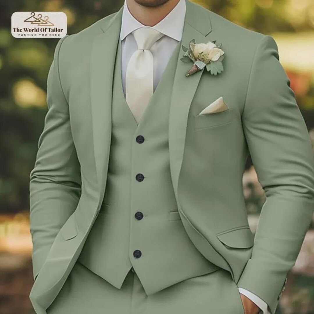 Men's Light Green Slim Fit 3-piece Suit - Handmade Wedding Groom Outfit ...