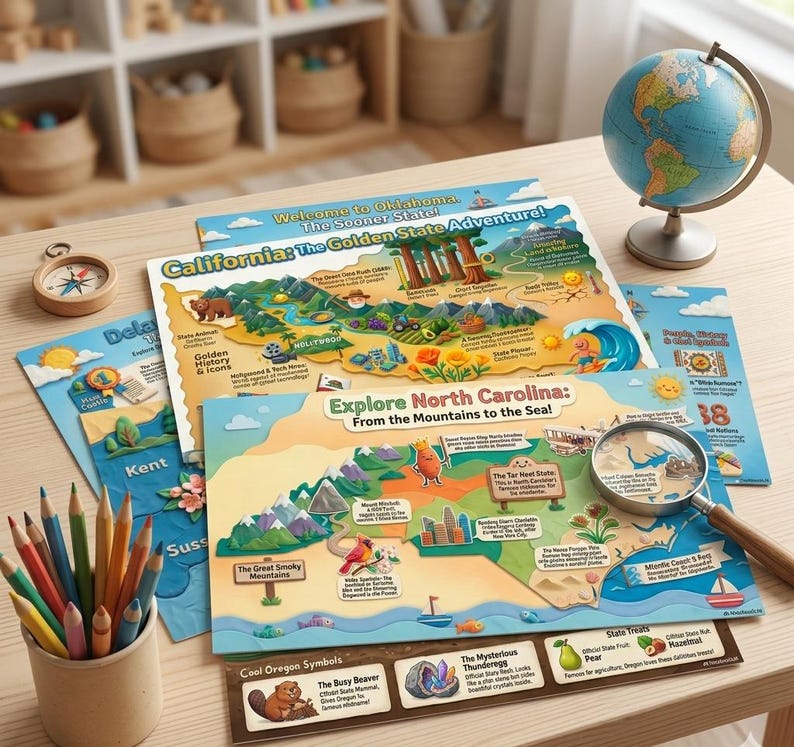 USA 50 States Geography Learning Cards, 3D Clay Style Maps (digital ...