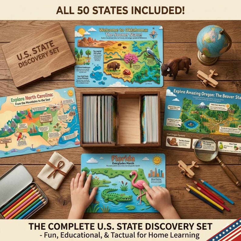 USA 50 States Geography Learning Cards, 3D Clay Style Maps (digital ...
