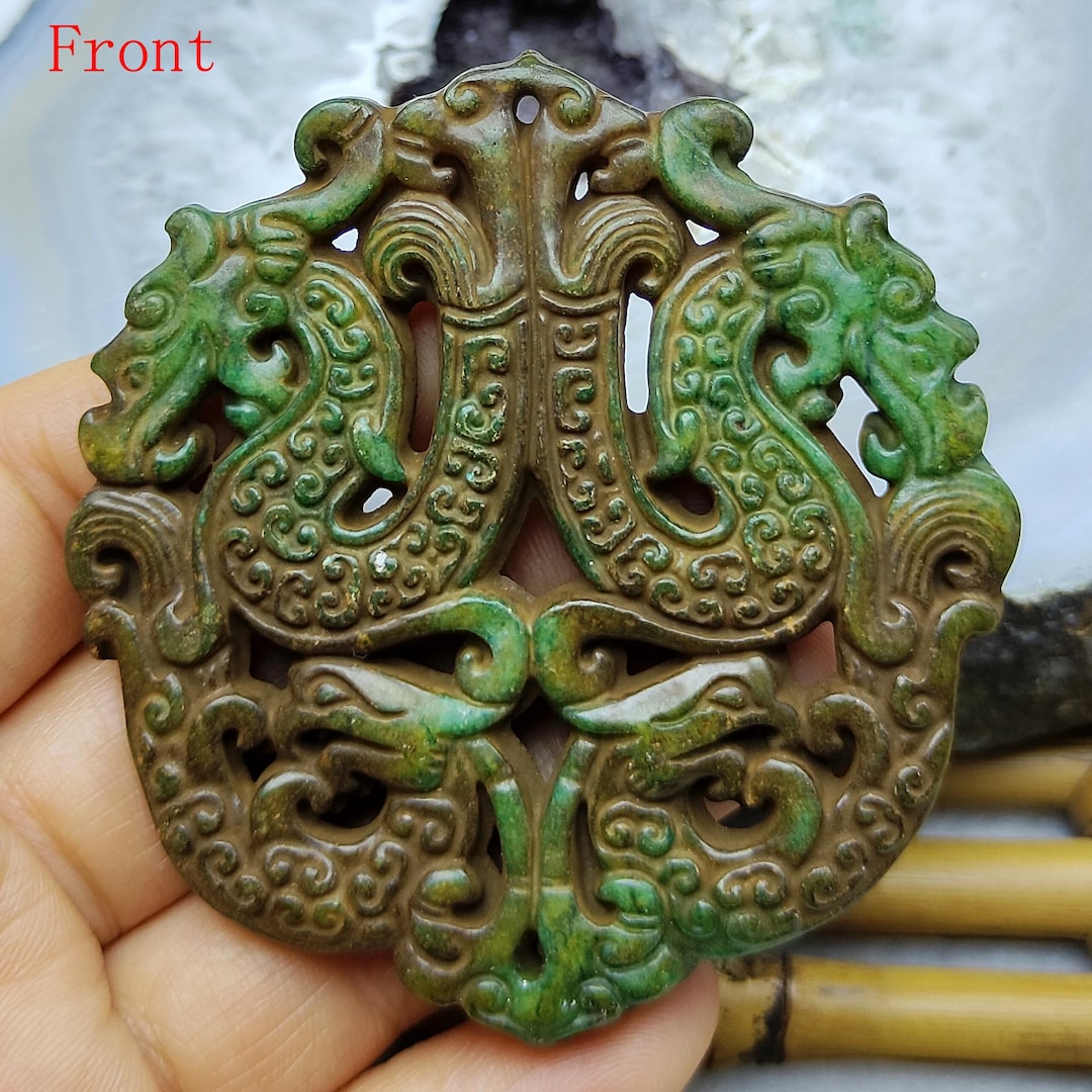 Carved Dragon Phoenix Jade Pendant Amulet - Etsy