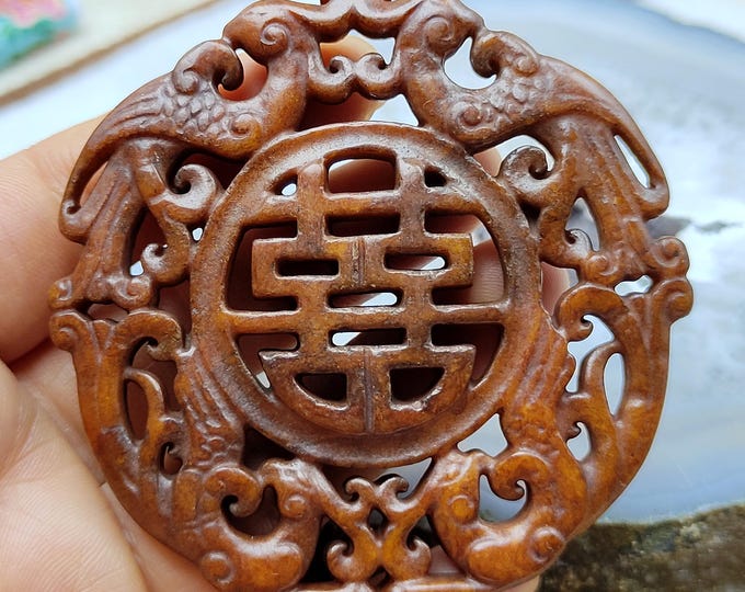 Double Face Hollow Carved Phoenix 囍 Jade Pendant, Carving Dragon With ...