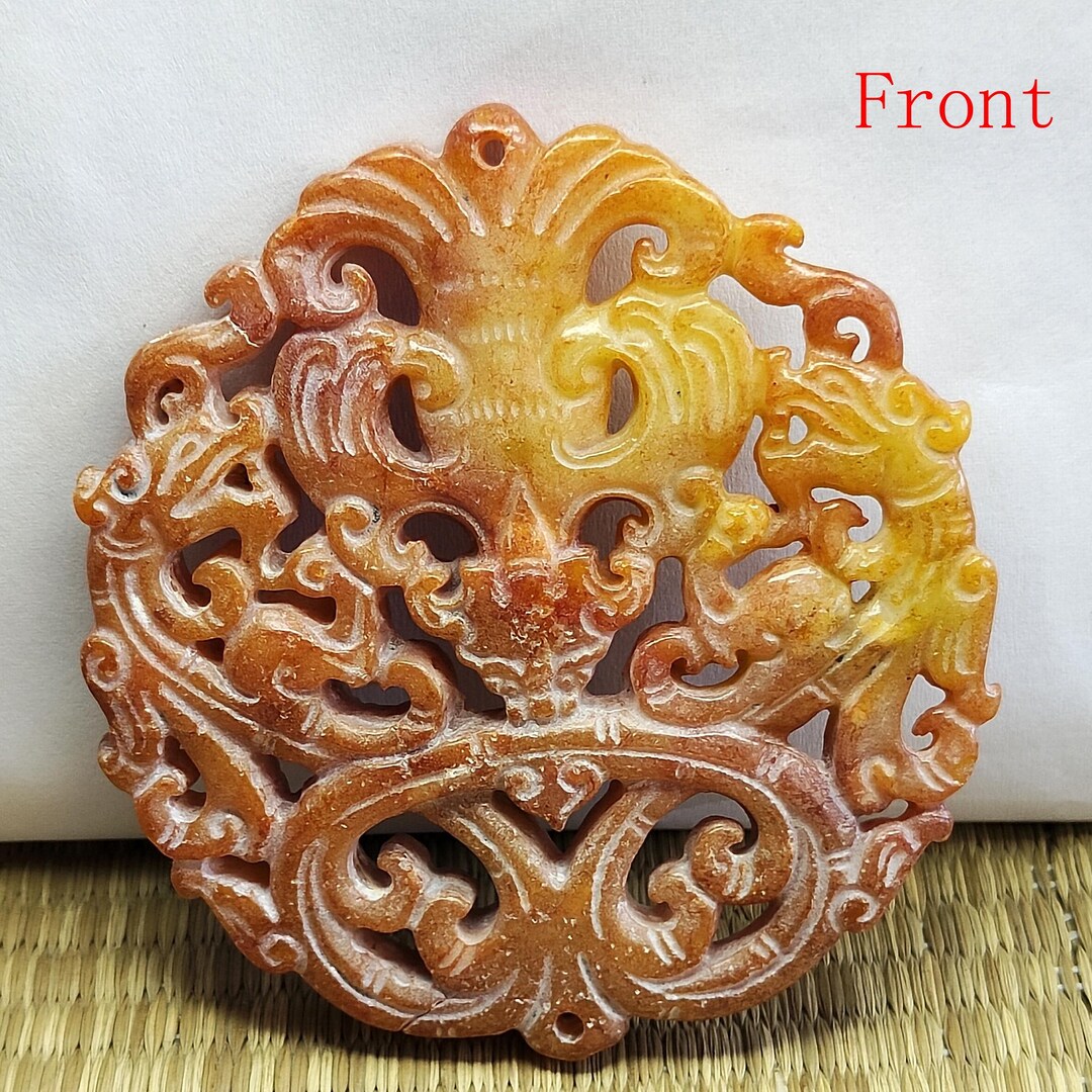 Hollow Carved Dragon Phoenix Flower Jade Pendant,carving Dragon Phoenix ...