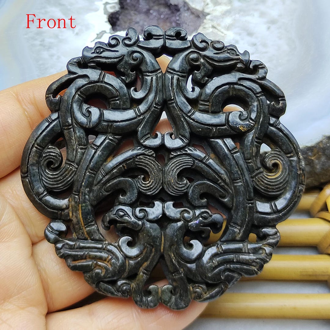 Black Hollow Carved Dragon Phoenix Jade Pendant Amulet Talisman ...