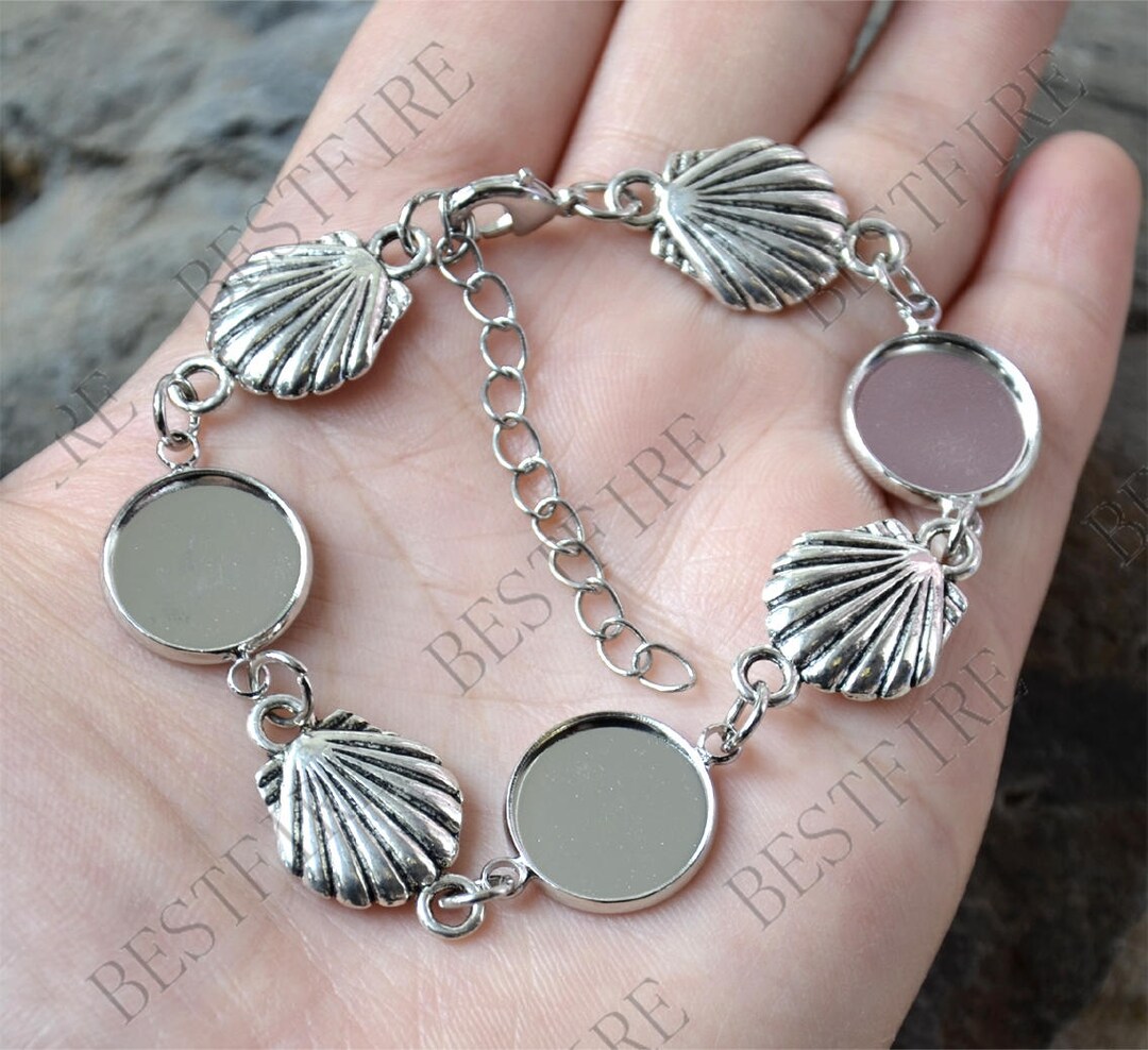 2 Silver Tone Adjustable Bracelet Blanks, Shell Bangle, DIY Cabochon ...