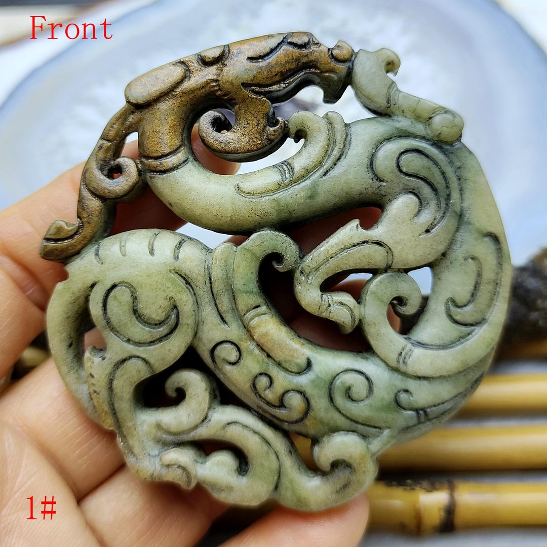 Carved Dragon Phoenix Jade Pendant, Gemstone Amulet - Etsy