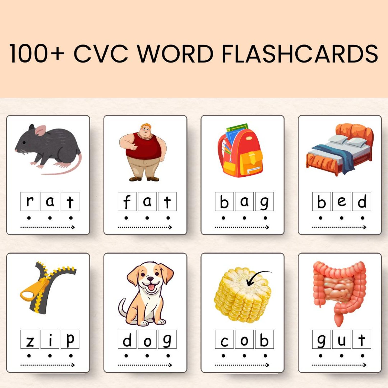 100+ CVC Words Printable Flashcards, Phonics Practice Printables for ...
