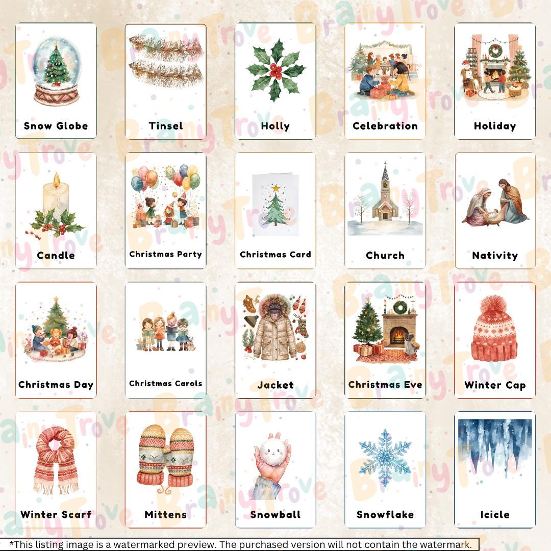 50 Christmas Flash Cards, Winter Flashcards, Christmas Educational ...
