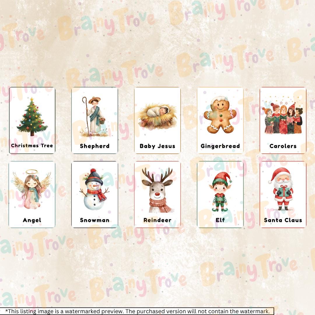 50 Christmas Flash Cards, Winter Flashcards, Christmas Educational ...