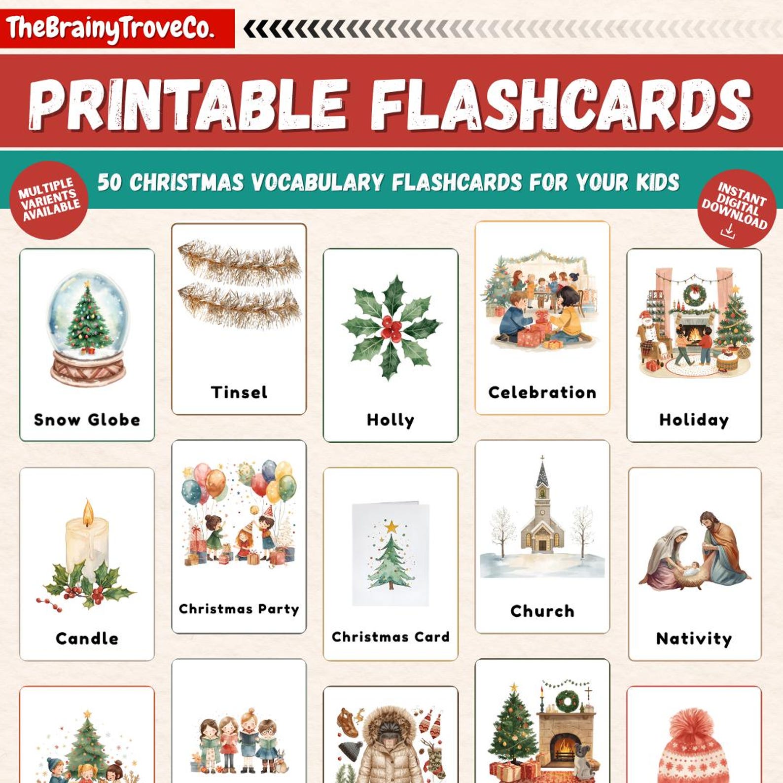 50 Christmas Flash Cards, Winter Flashcards, Christmas Educational ...