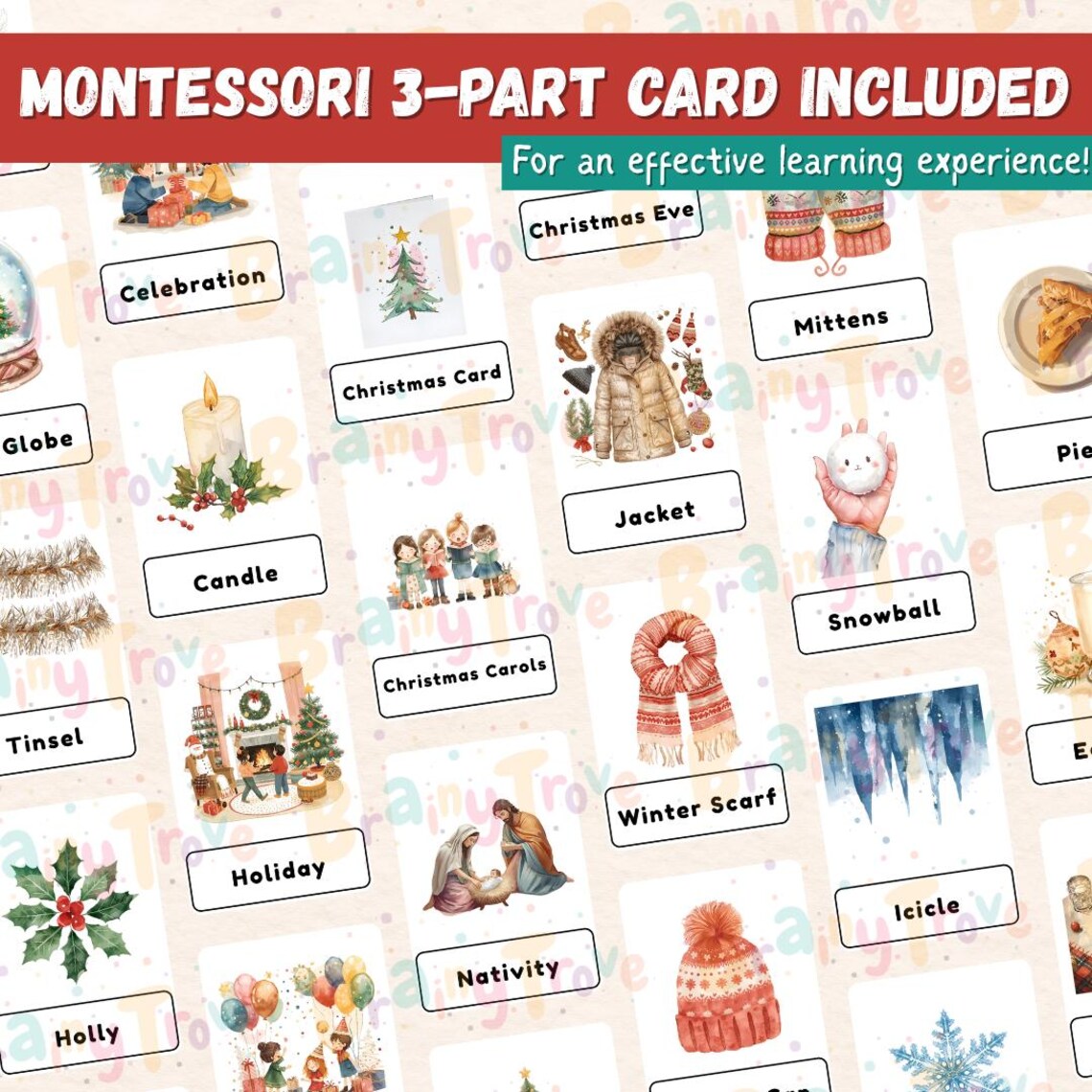 50 Christmas Flash Cards, Winter Flashcards, Christmas Educational ...
