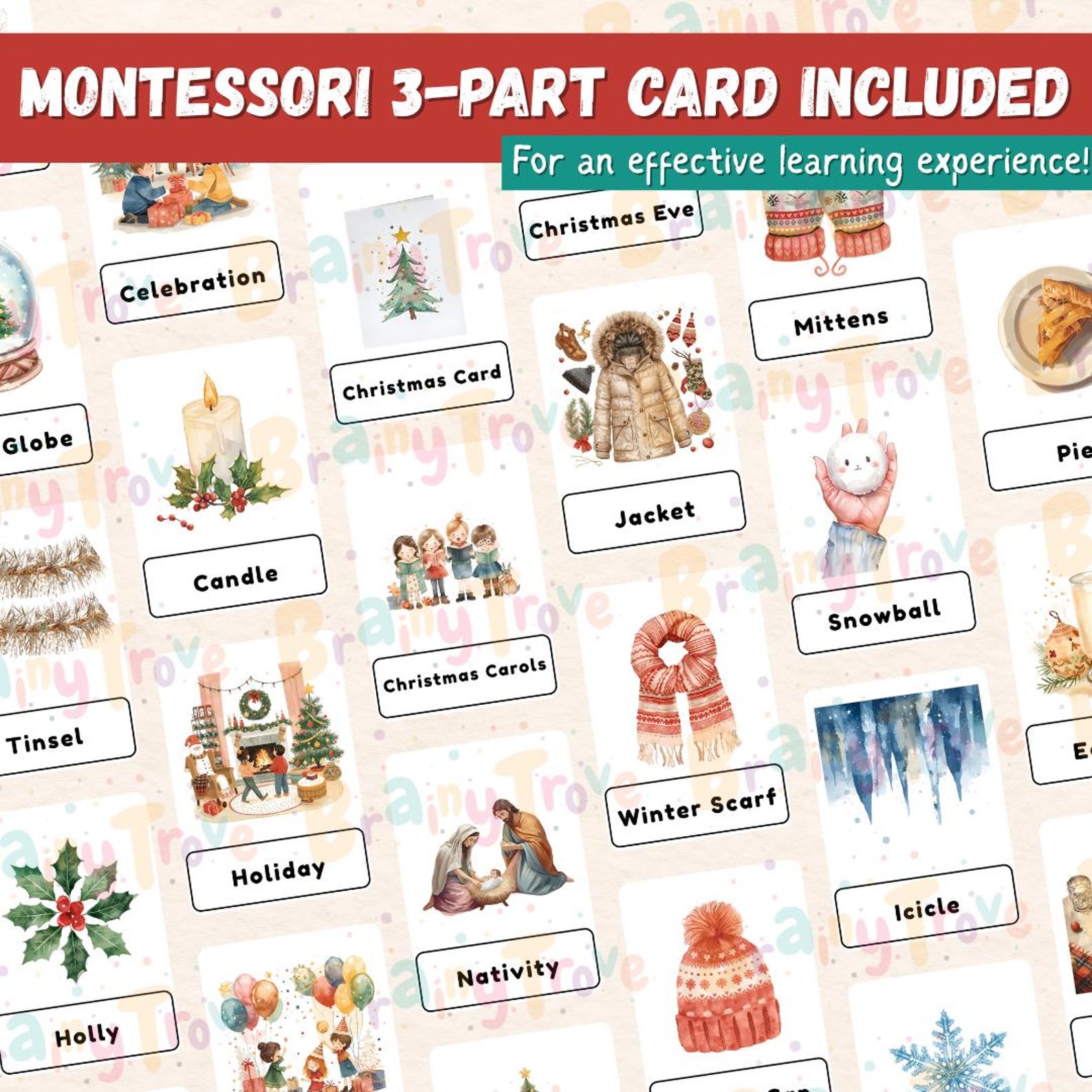 50 Christmas Flash Cards, Winter Flashcards, Christmas Educational ...