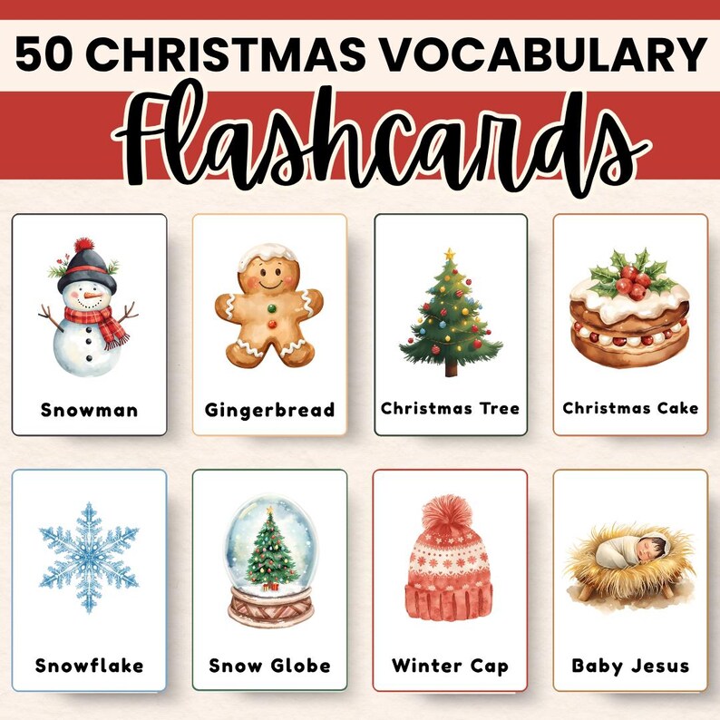 50 Christmas Flash Cards, Winter Flashcards, Christmas Educational ...