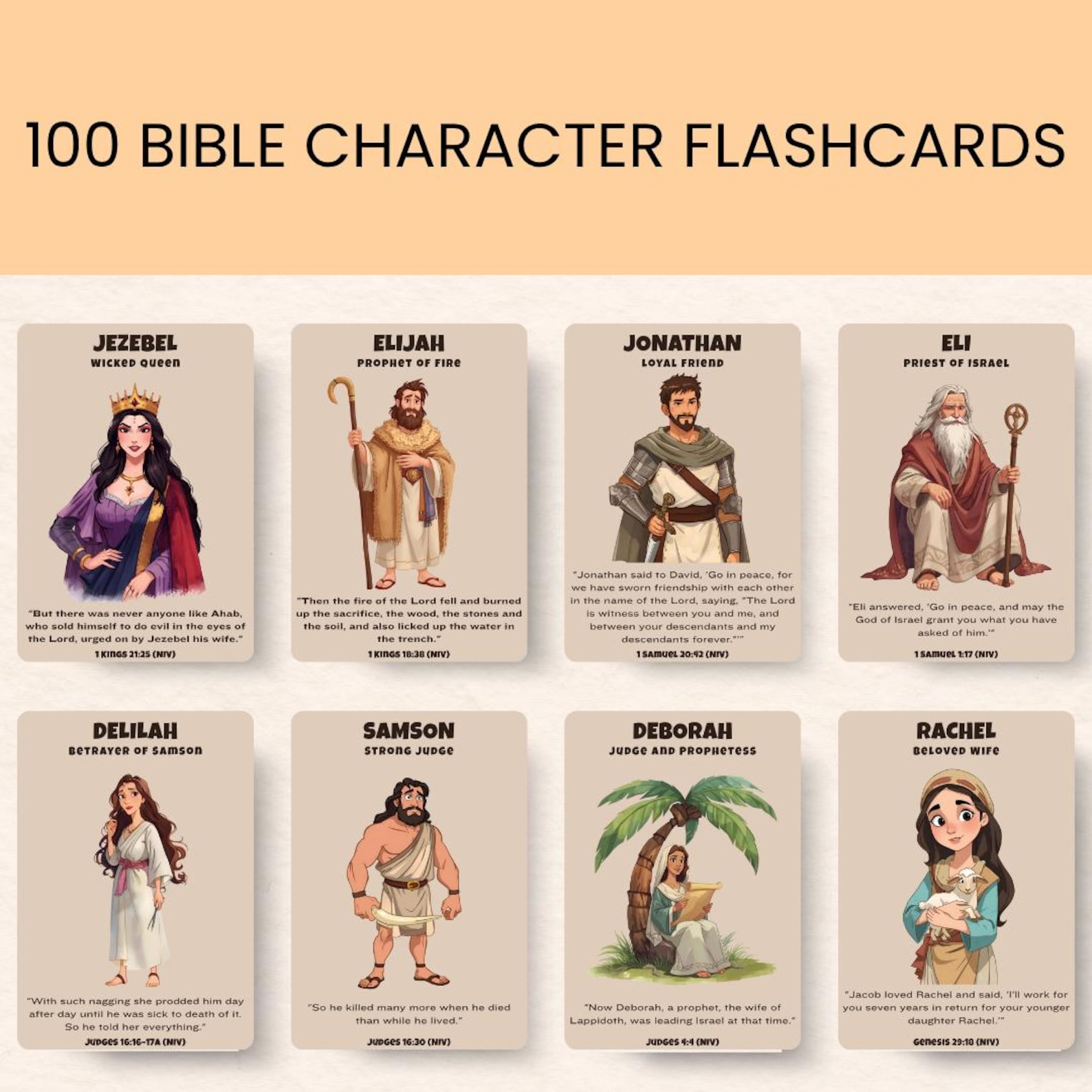 100 Printable Bible Character Flashcards for Kids, Biblical Characters ...
