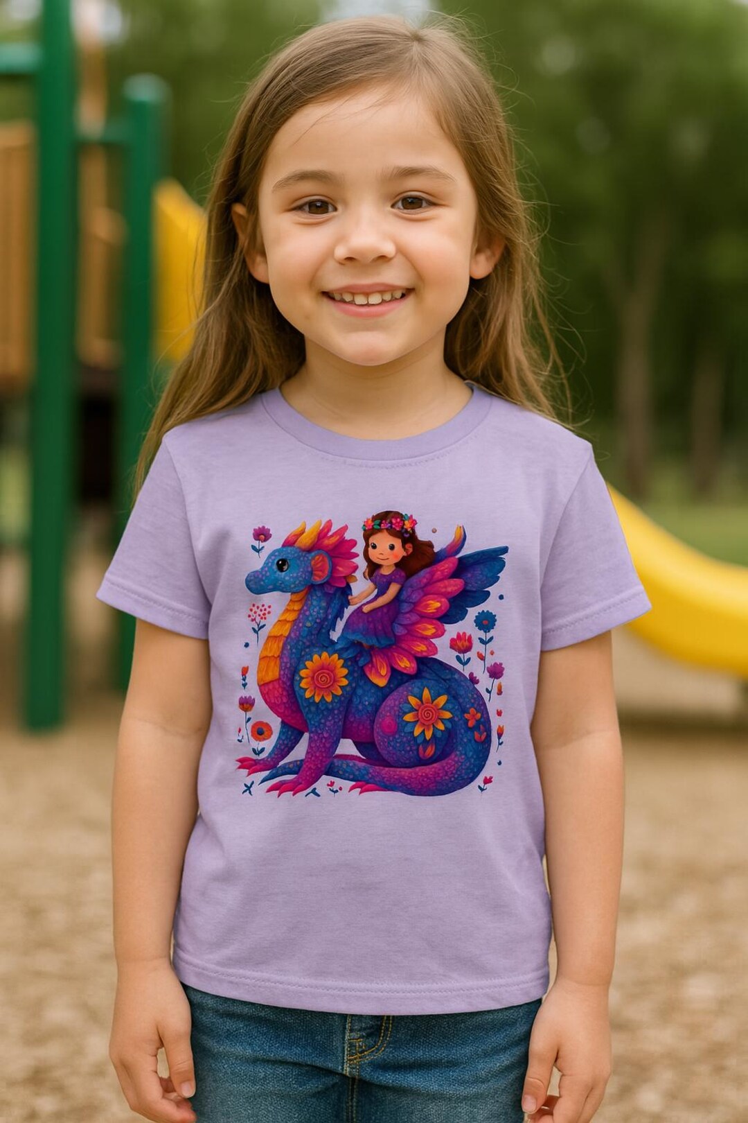 Girl Dragon Rider T-shirt – Whimsical Floral Fantasy Tee for Kids ...
