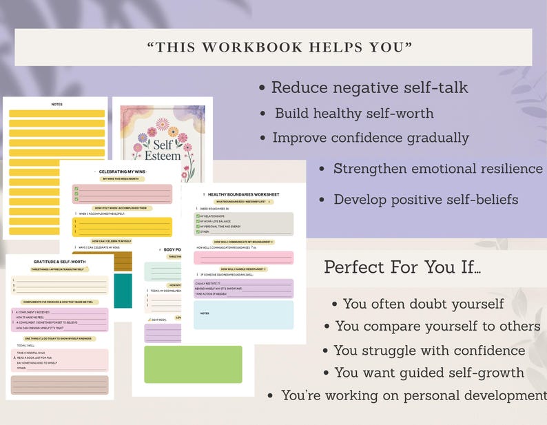 Self Esteem Workbook for Women Printable PDF, Confidence Journal, Self ...
