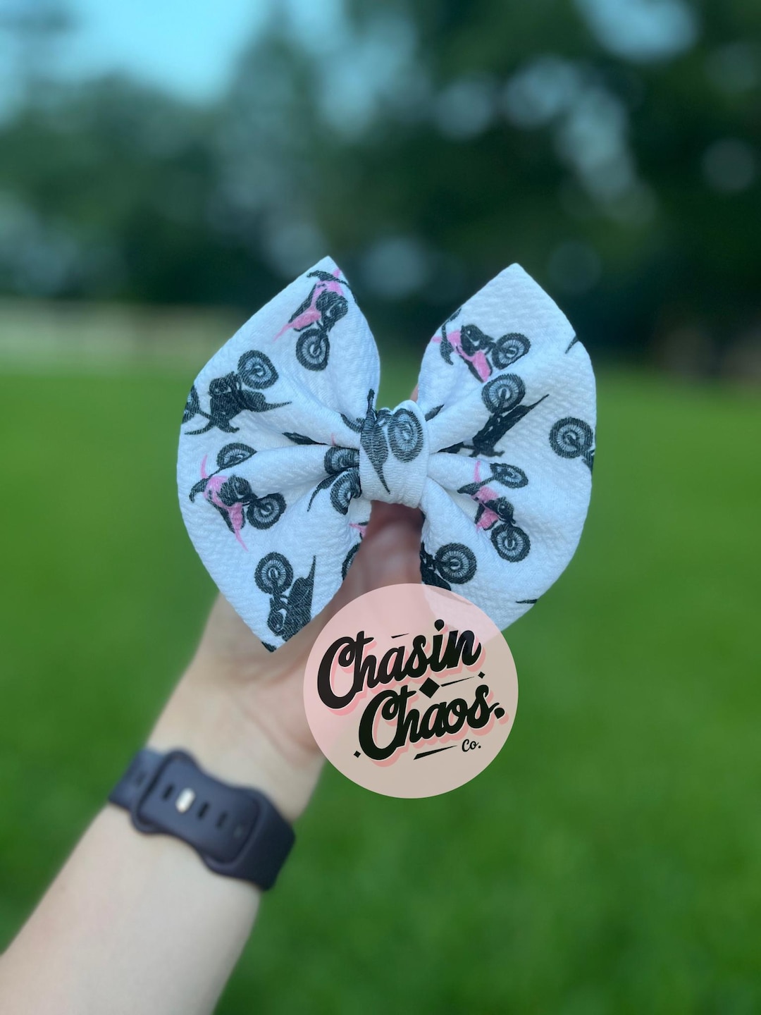 Dirt Bike Hair Bow: White and Pink Moto Bow for Toddler Girls, Baby ...