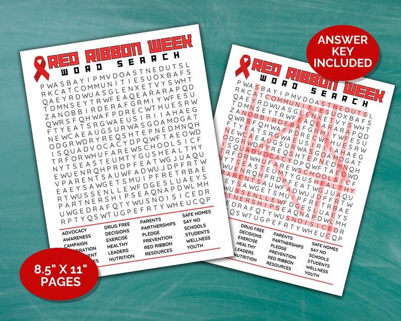 Printable Red Ribbon Week Word Search, Elementary and Middle School ...