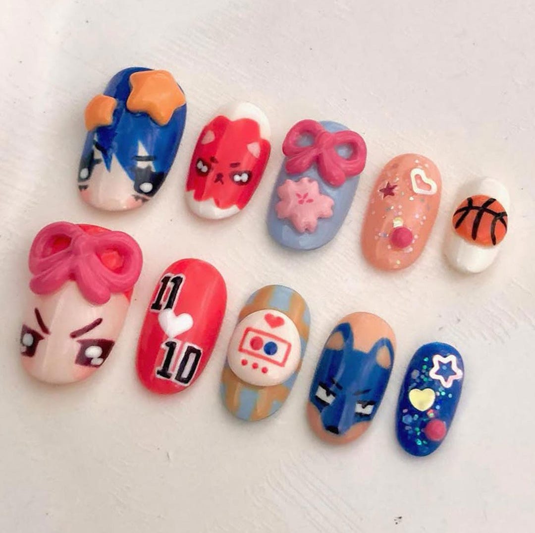 Handmade Anime Hoop Press on Nails | Sporty Character & 3D Bow Design ...