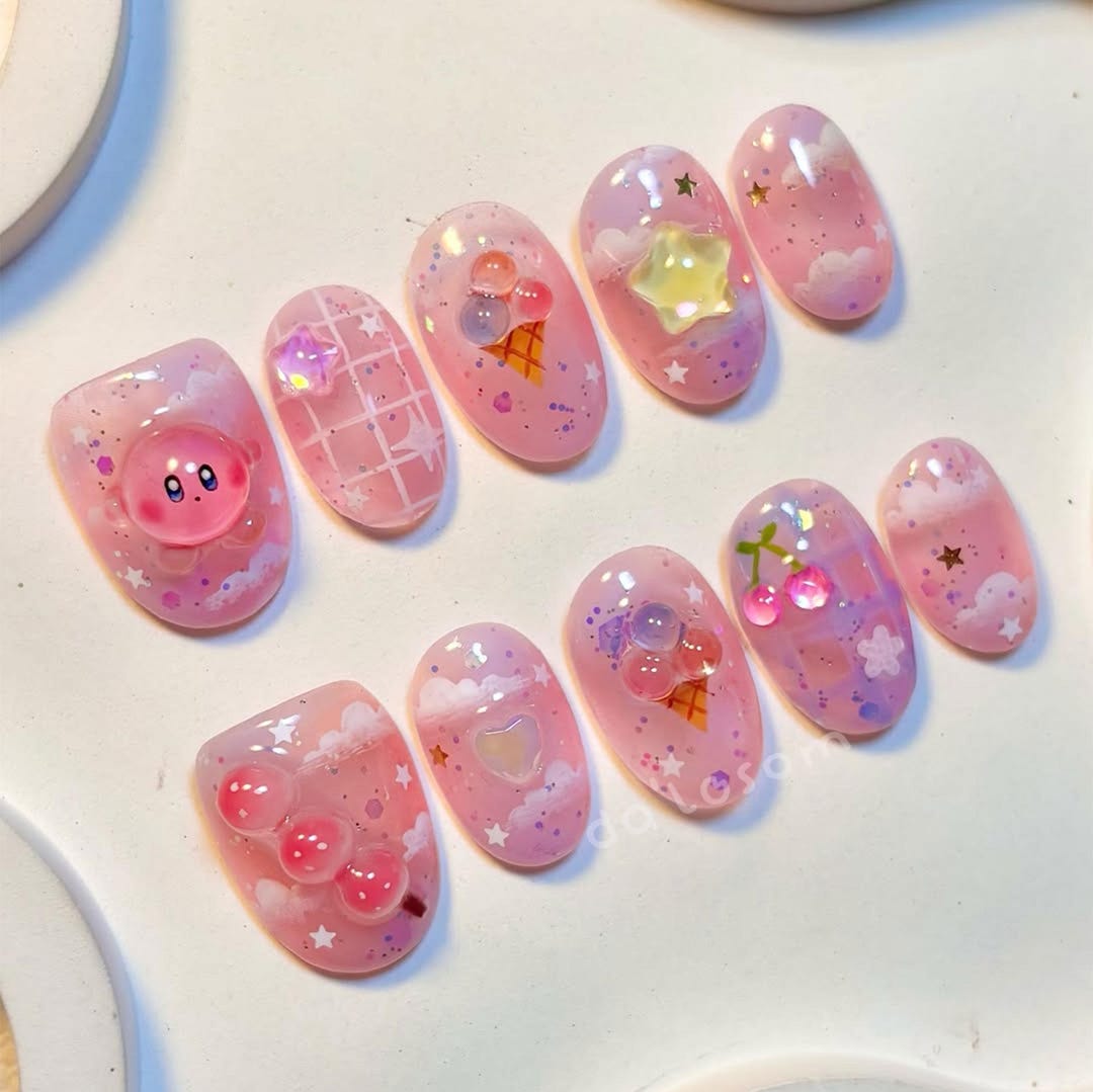 Handmade Kawaii Kirby Press on Nails | Pink Jelly Cloud Design | 3D ...