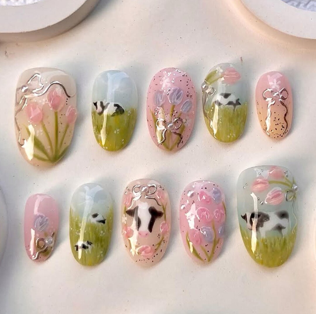 Handmade Pastel Cow Field Press on Nails | 3D Tulip & Bow Design ...