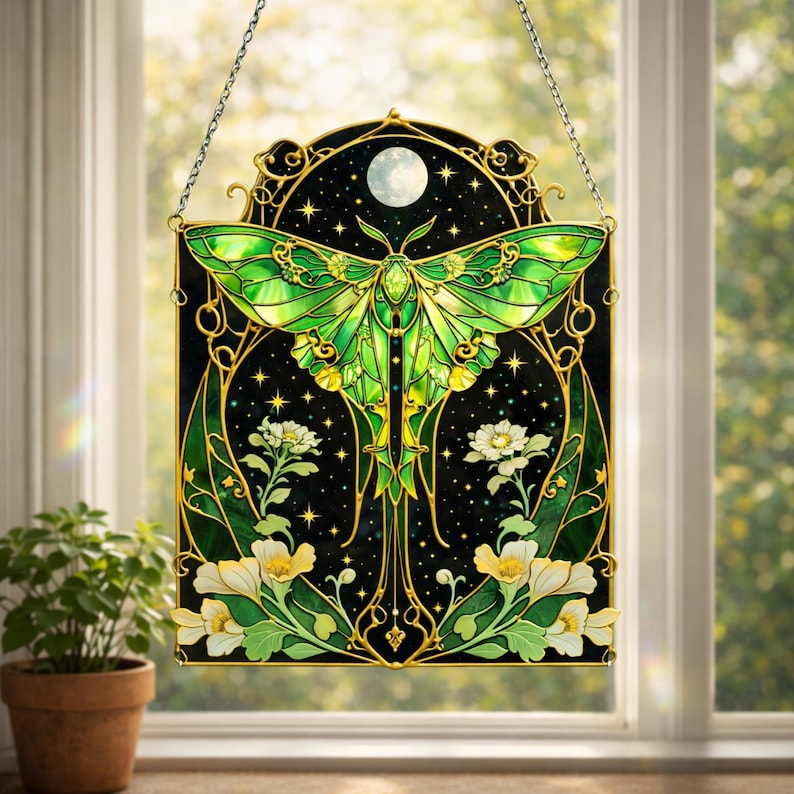 Emerald Luna Moth Stained Glass Suncatcher, Green Moth Window Hanging ...