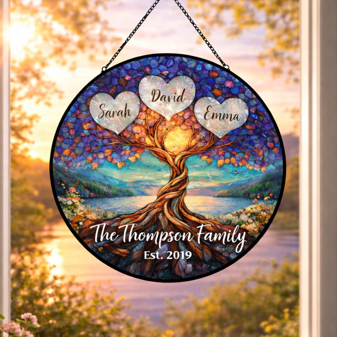 Personalized Family Tree Stained Glass Suncatcher, Custom Names Heart ...