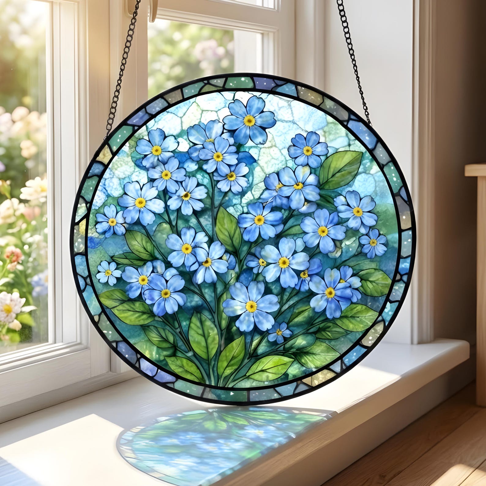 Forget Me Not Stained Glass Suncatcher – Blue Floral Window Hanging ...