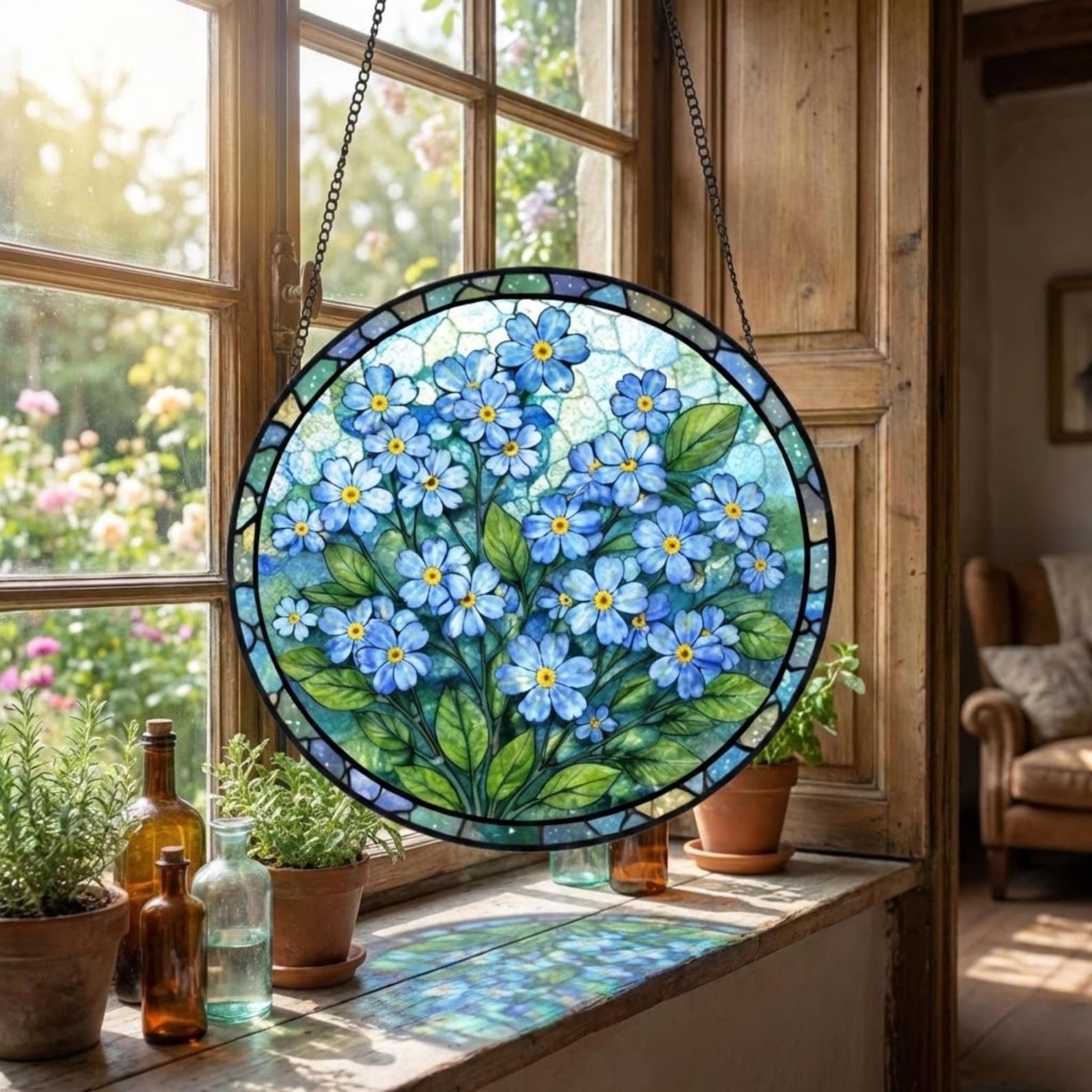 Forget Me Not Stained Glass Suncatcher – Blue Floral Window Hanging ...
