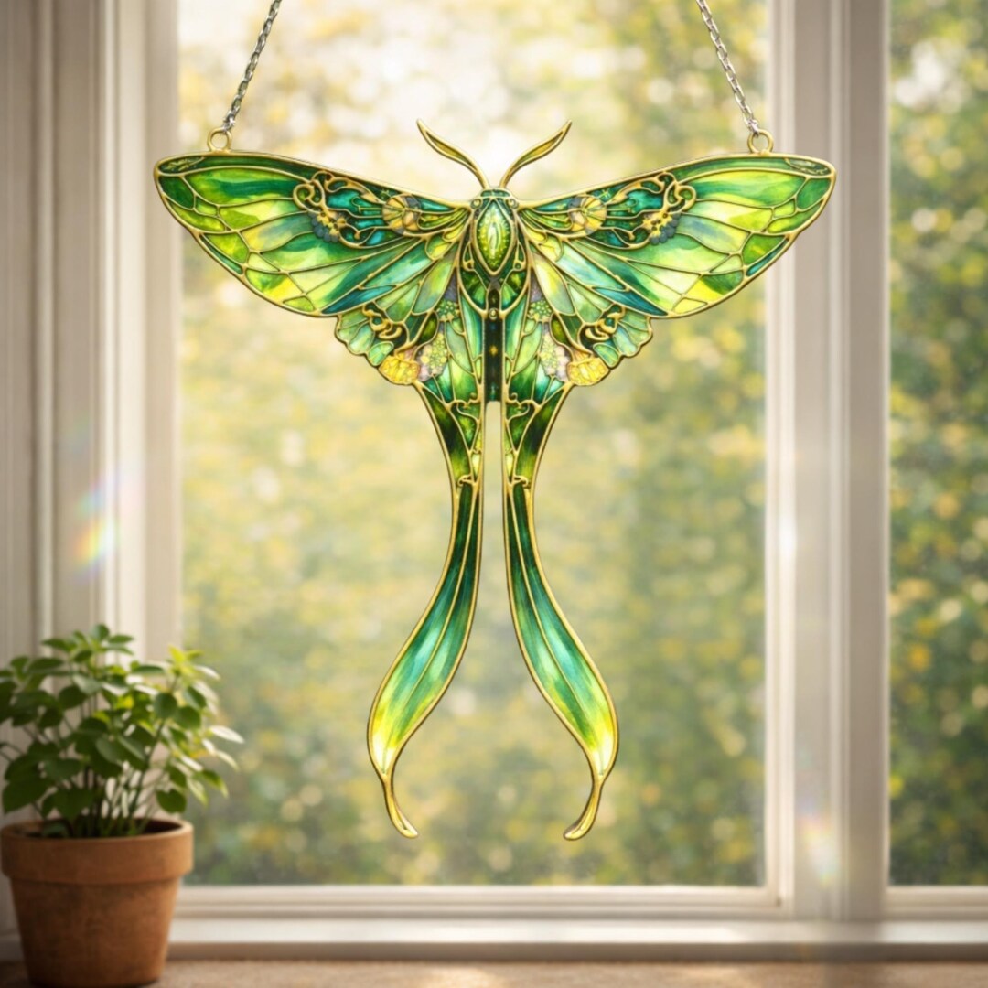 Luna Moth Acrylic Window Hanging, Green Moth Nature Decor, Botanical ...
