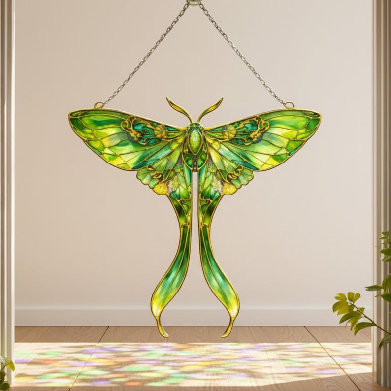 Luna Moth Acrylic Window Hanging, Green Moth Nature Decor, Botanical ...