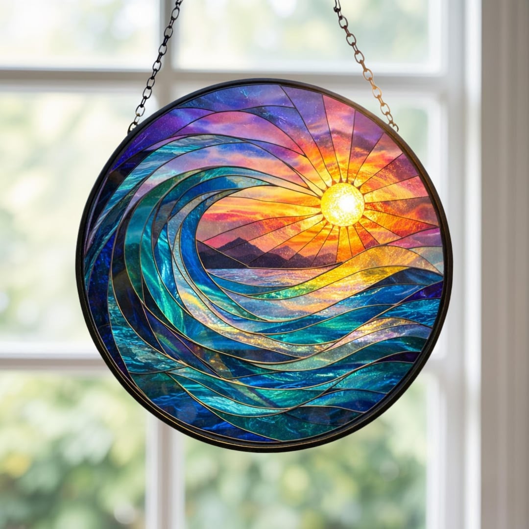 Ocean Sunset Wave Stained Glass Suncatcher, Coastal Wave Sun Catcher ...