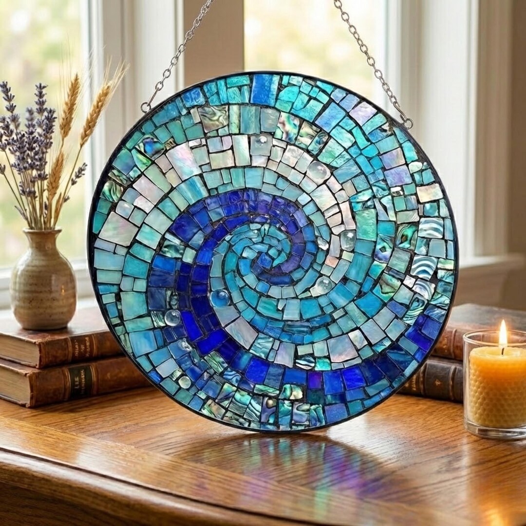 Blue Ocean Glass Suncatcher, Mosaic Spiral Sun Catcher, Coastal Window ...