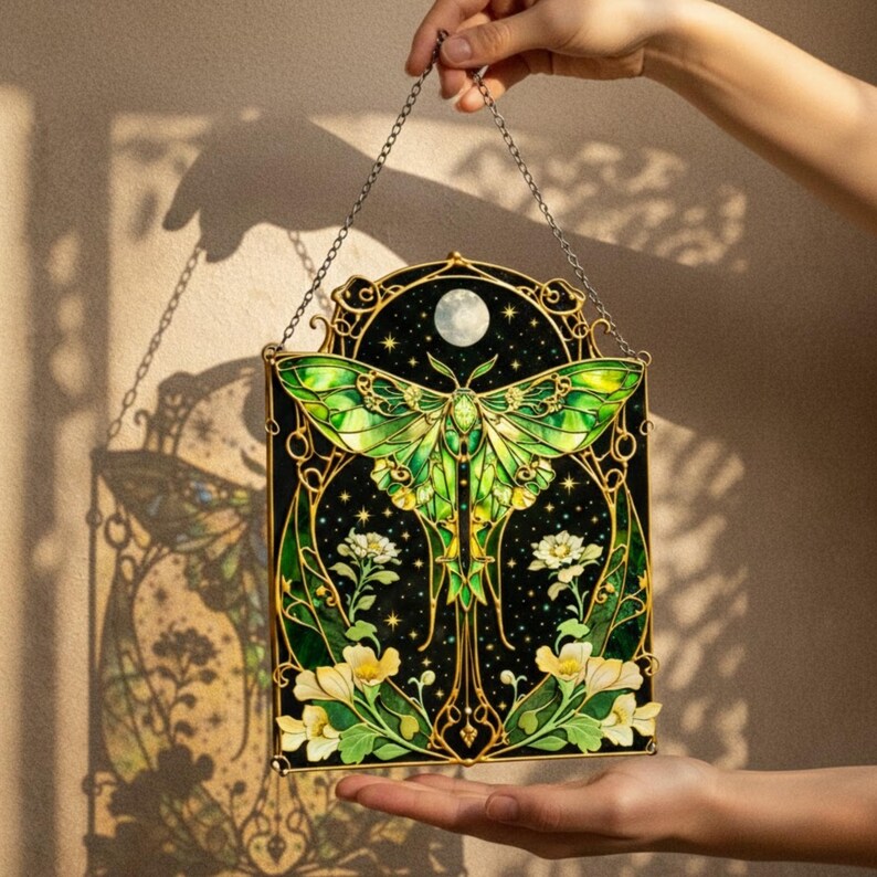 Emerald Luna Moth Stained Glass Suncatcher, Green Moth Window Hanging ...