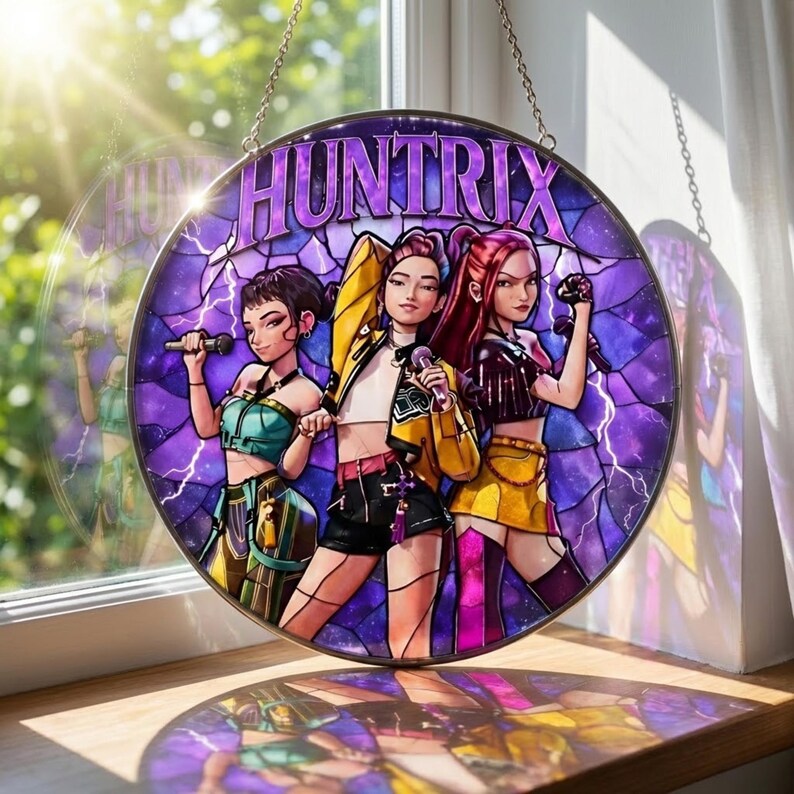 Huntrix Girl Group Glass Suncatcher, K-pop Demon Hunters Stained Glass ...