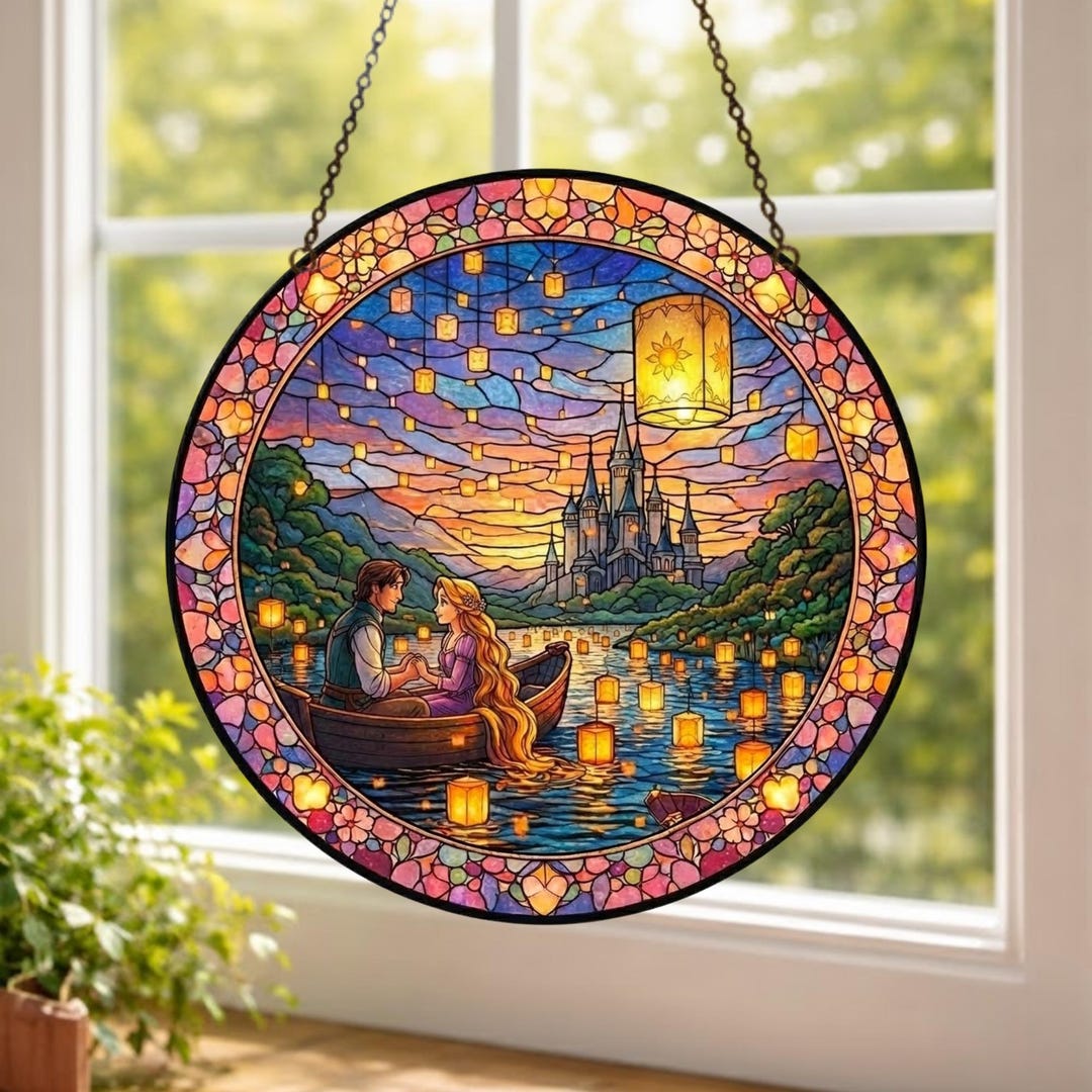 Rapunzel and Flynn Rider Scene Glass Suncatcher, Tangled Movie Night ...