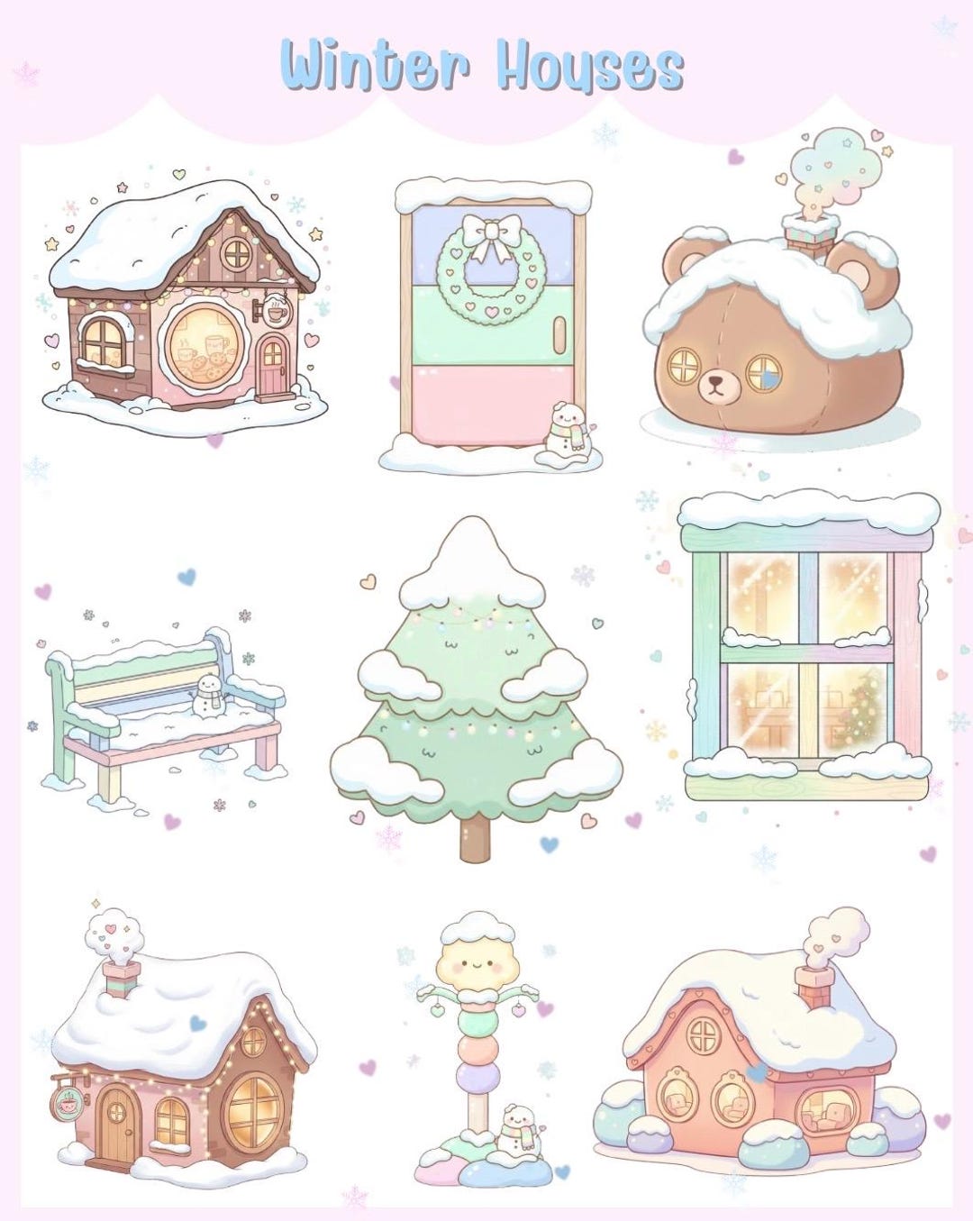 Sweet Winter Clipart Bundle | 27 Kawaii Pastel PNG | Cute Winter Houses ...
