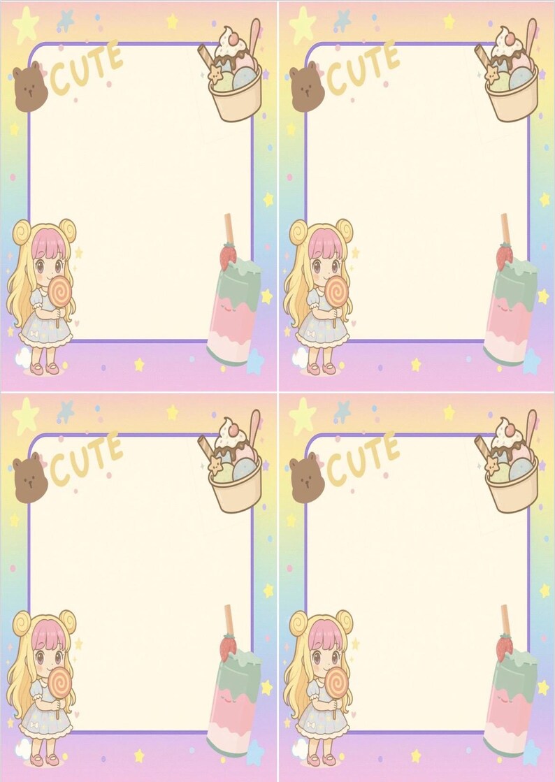 Kawaii Pastel Notepad Printable – Cute Girl & Sweets 4-up A4 PDF | DIY ...
