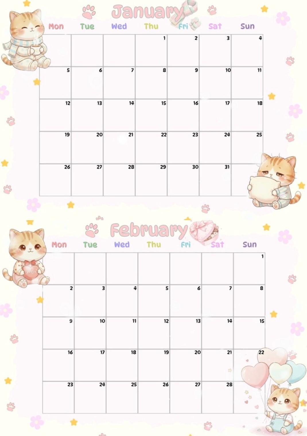 Cute Cat 2026 Calendar A5 Printable | Cozy Seasonal Cat Planner ...