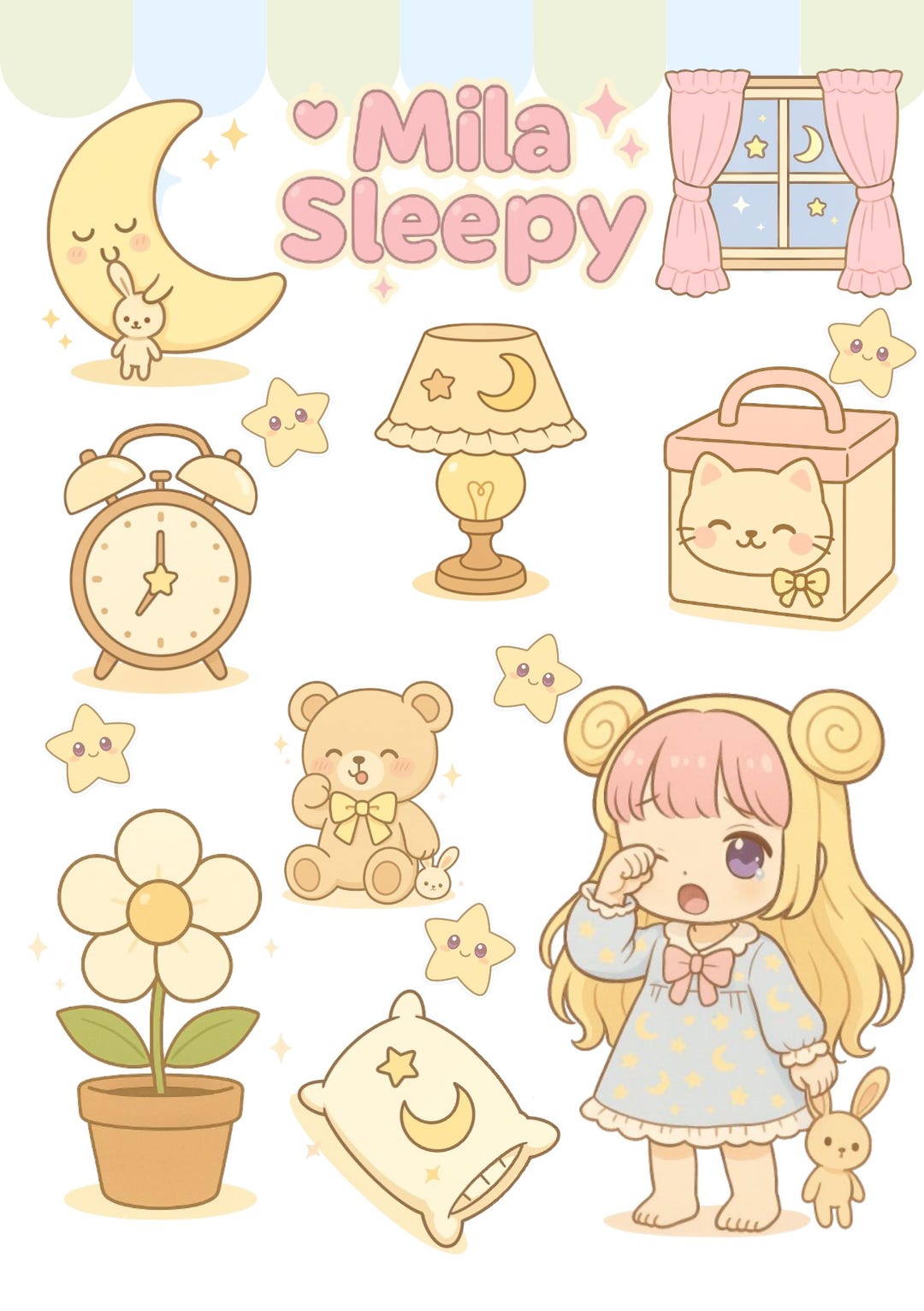 Kawaii Pastel Sticker Set: Sleepy Mila, Moon & Stars - Journaling ...