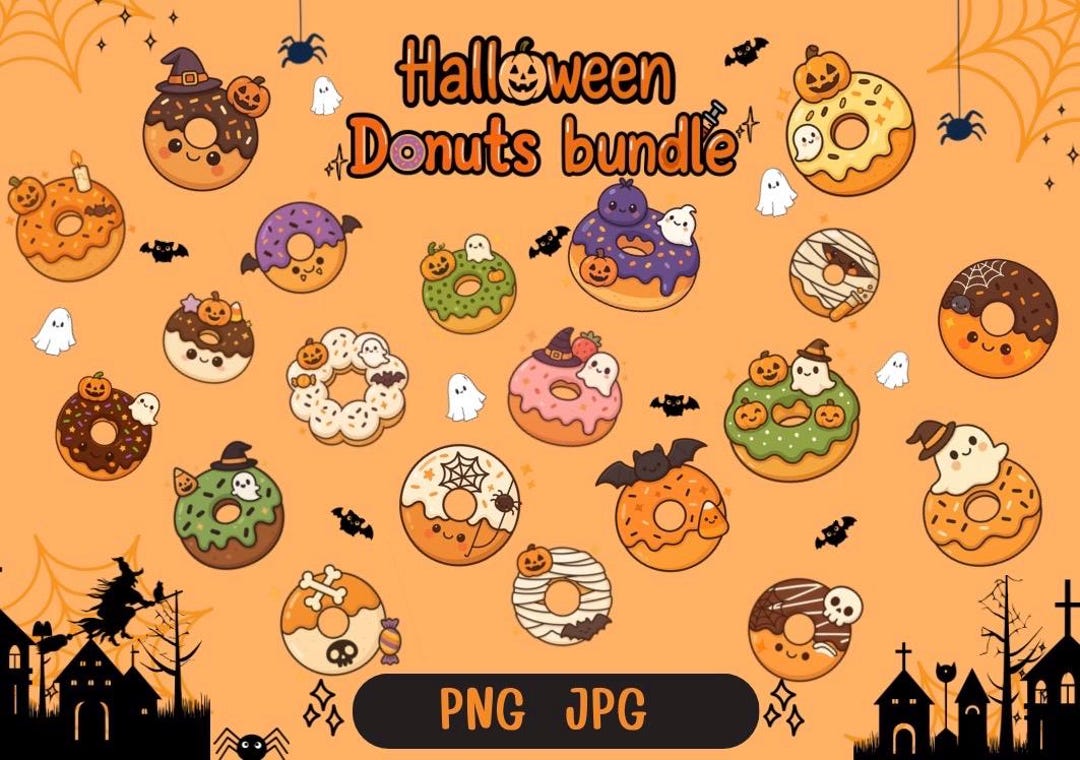 Halloween Donuts Clipart Bundle: Kawaii Ghost, Pumpkin, Bat PNG ...