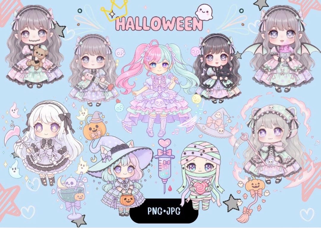 Kawaii Halloween Chibi Clipart Bundle | Cute Pastel Anime Girl PNG JPG ...