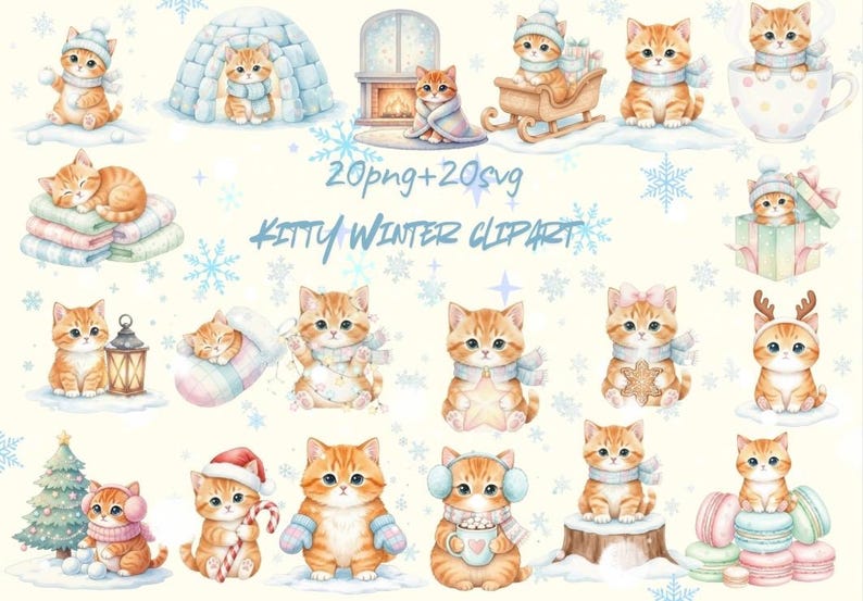 Winter Cat Clipart Bundle | 20 PNG + 20 SVG | Cute Christmas Kitty ...